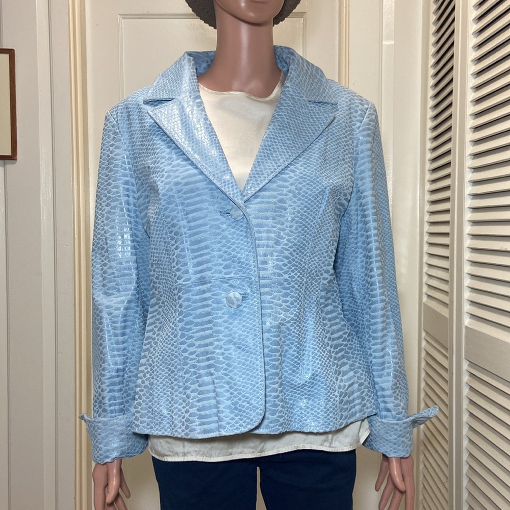 Pamela Mccoy Blue Sheen Leather Snake Print Jacket - Gem